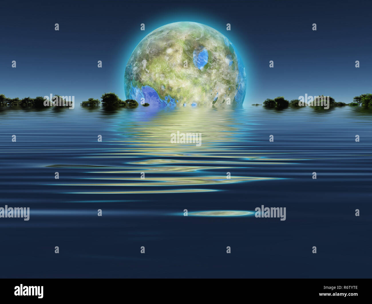 Terraformed Luna rises over water Stock Photo - Alamy