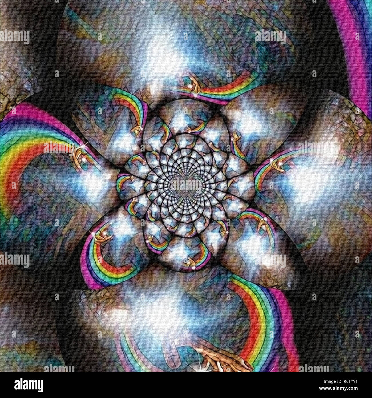 Abstract painting. Mirrored round fractal with God's hands, light and ...