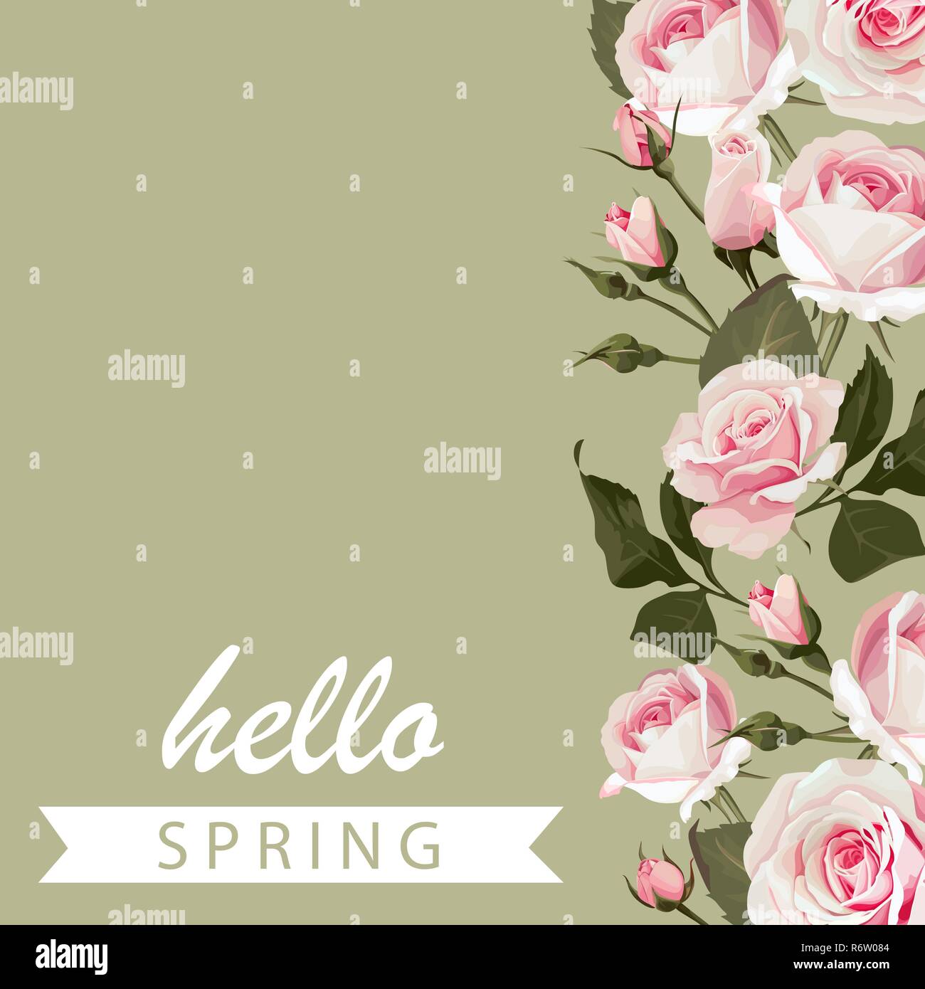 Vector floral green background with roses. Flowered greeting card Hello ...
