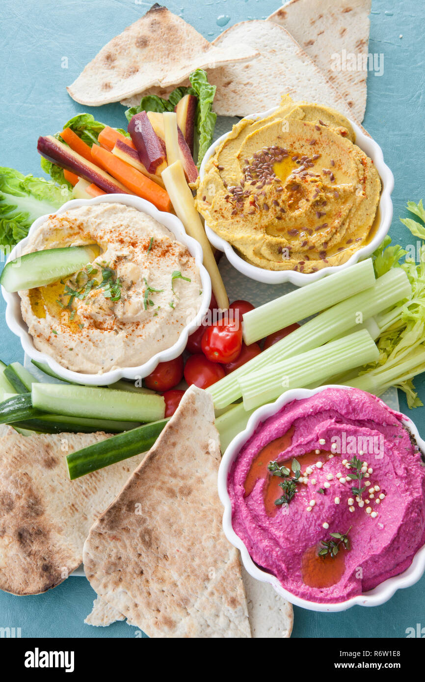 different varieties of hummus Stock Photo - Alamy
