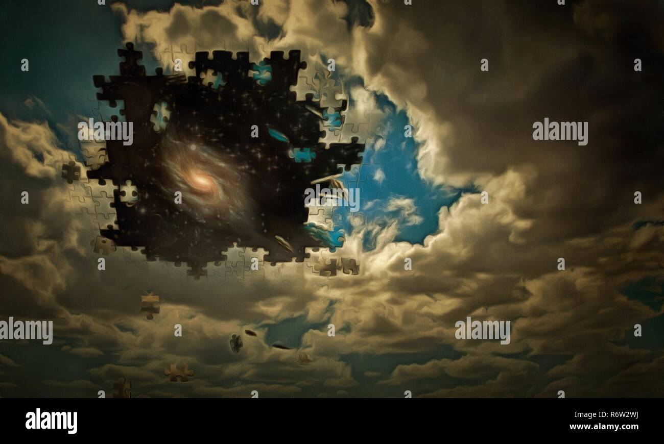 Surreal digital art. Clouds are falling apart on a pieces of puzzle ...
