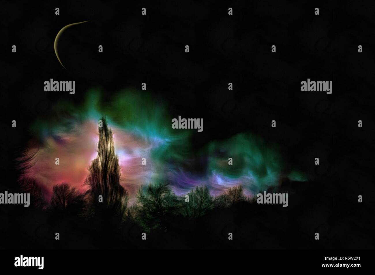 Expressionism painting. Forest in the moon light Stock Photo - Alamy