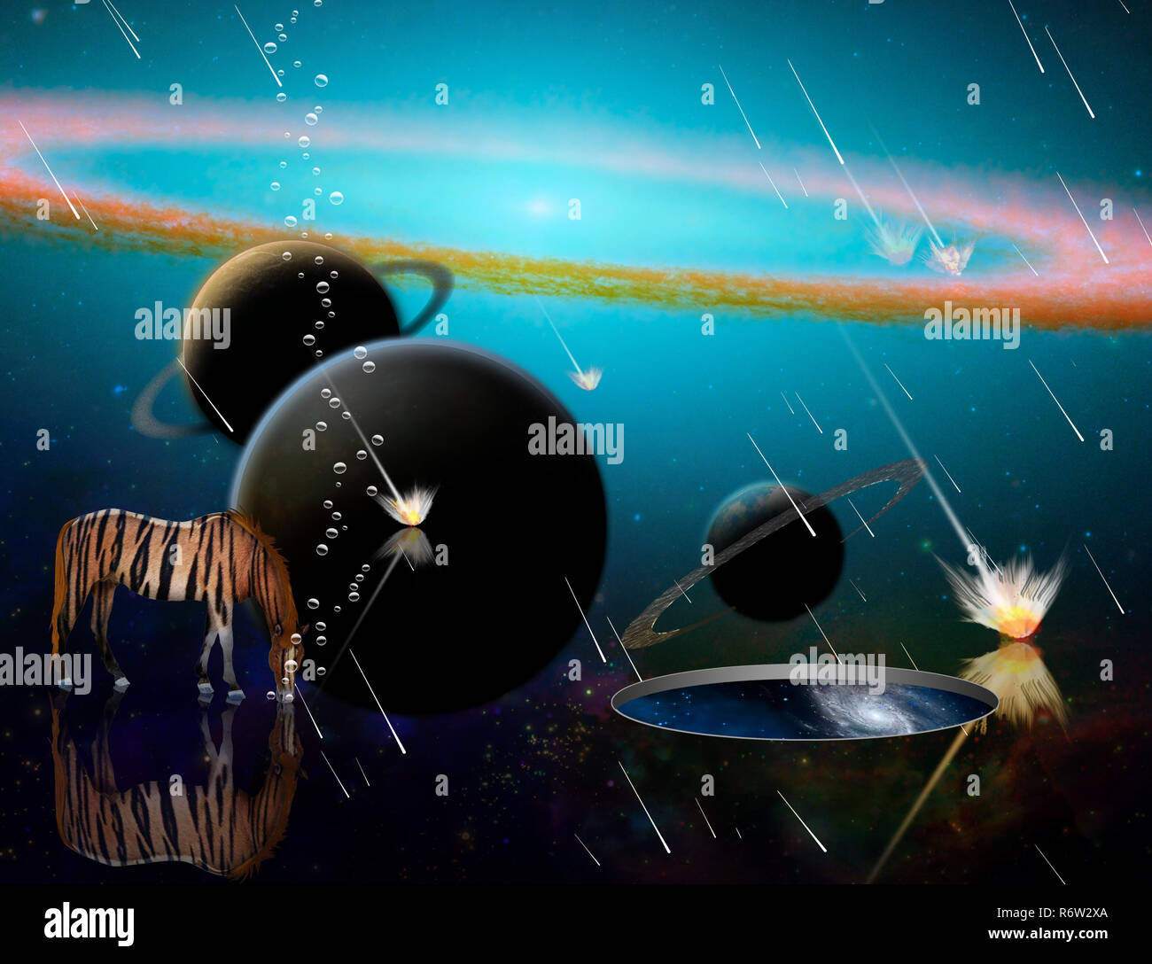 Surreal 3D rendering. Exosolar planets and meteor shower. Striped horse ...
