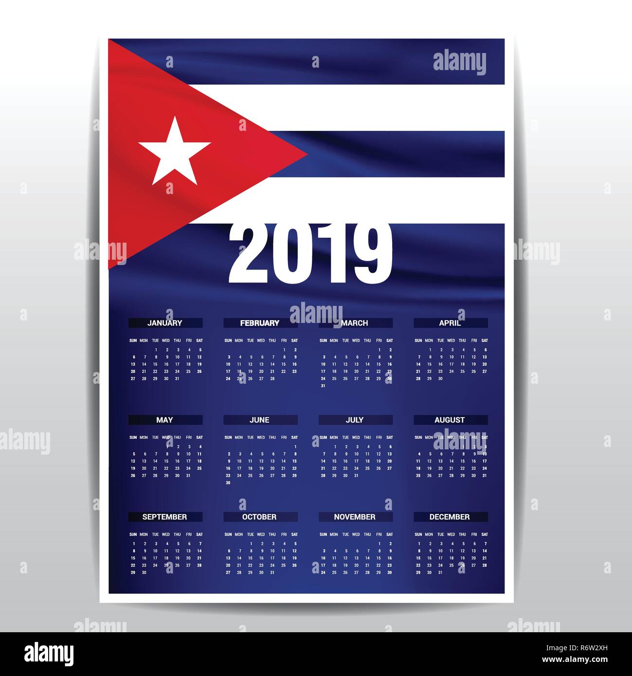 Calendar 2019 Cuba Flag background. English language Stock Vector Image ...