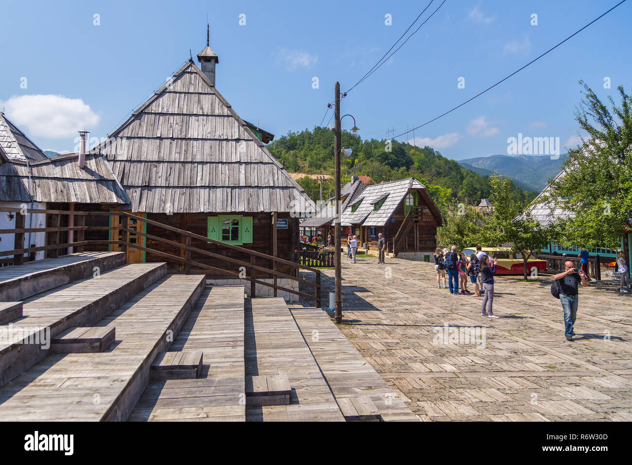 Drvengrad, Serbia- 15 August 2014: Main square Kustendorf, traditional ...
