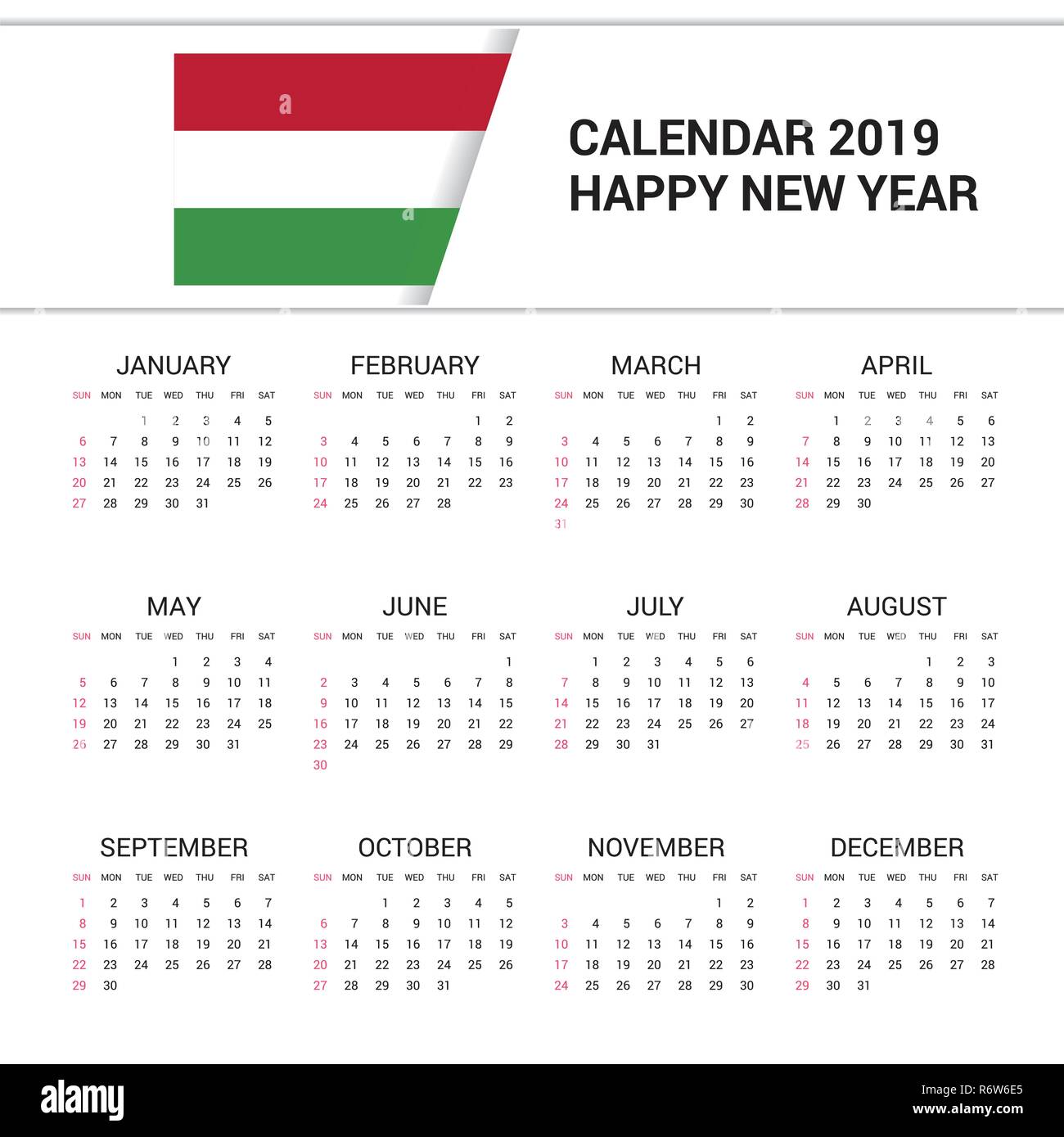 Calendar 2019 Hungary Flag background. English language Stock Vector ...