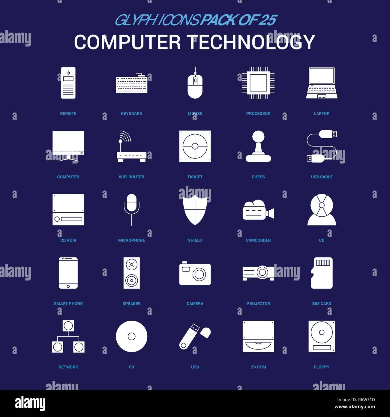 Computer Technology White icon over Blue background. 25 Icon Pack Stock ...