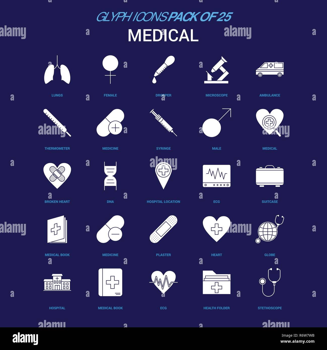 Medical White icon over Blue background. 25 Icon Pack Stock Vector ...