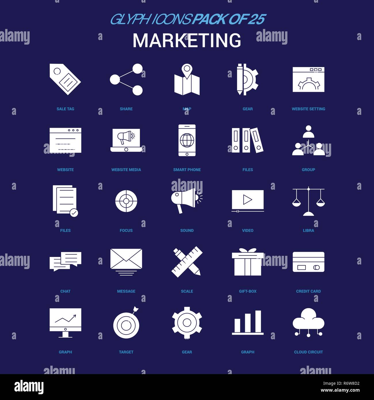 Marketing White icon over Blue background. 25 Icon Pack Stock Vector ...