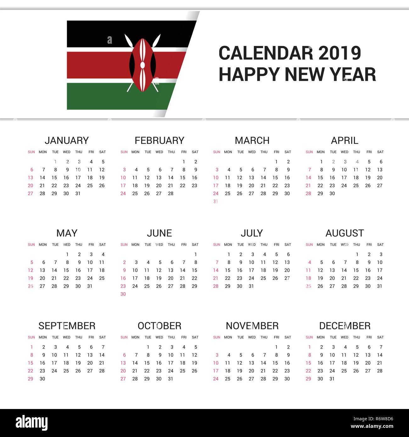 Calendar 2019 Kenya Flag background. English language Stock Vector ...