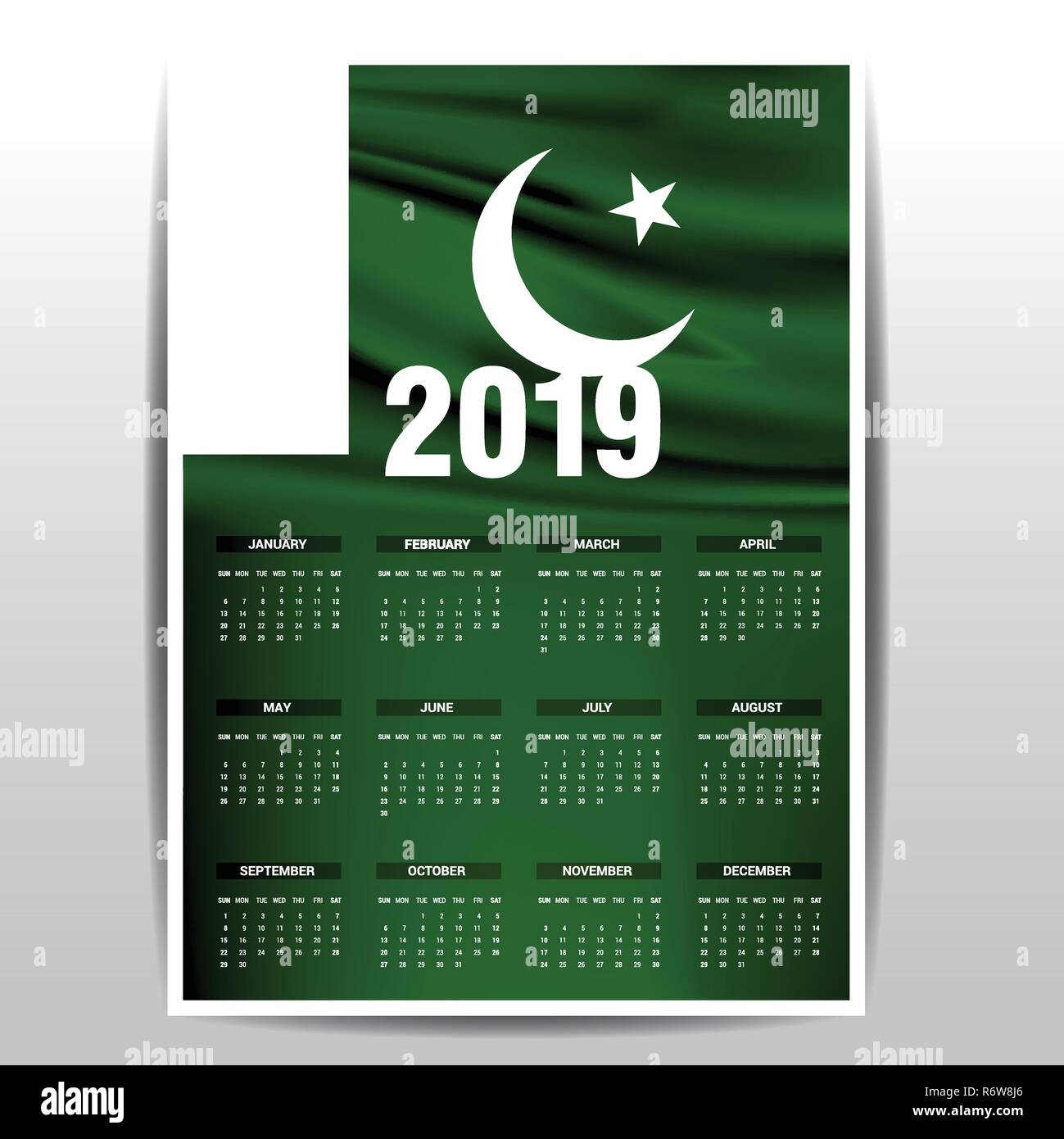 Calendar 2019 Pakistan Flag background. English language Stock Vector ...