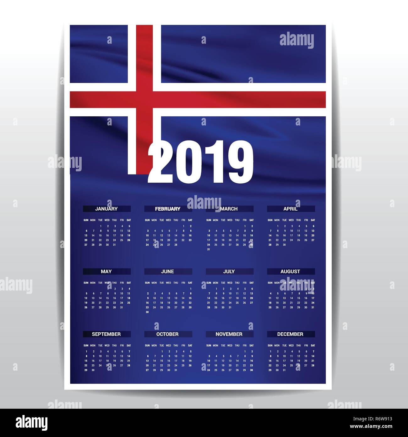 Calendar 2019 Iceland Flag background. English language Stock Vector ...