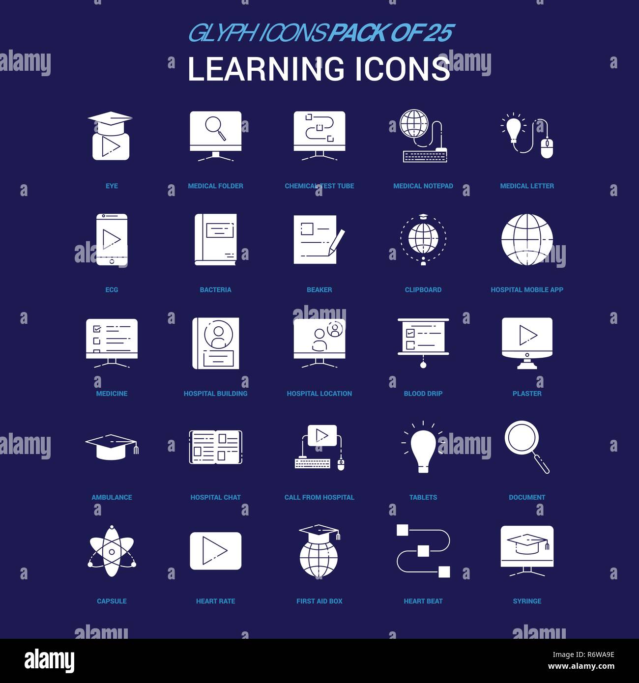 Learning icons White icon over Blue background. 25 Icon Pack Stock ...