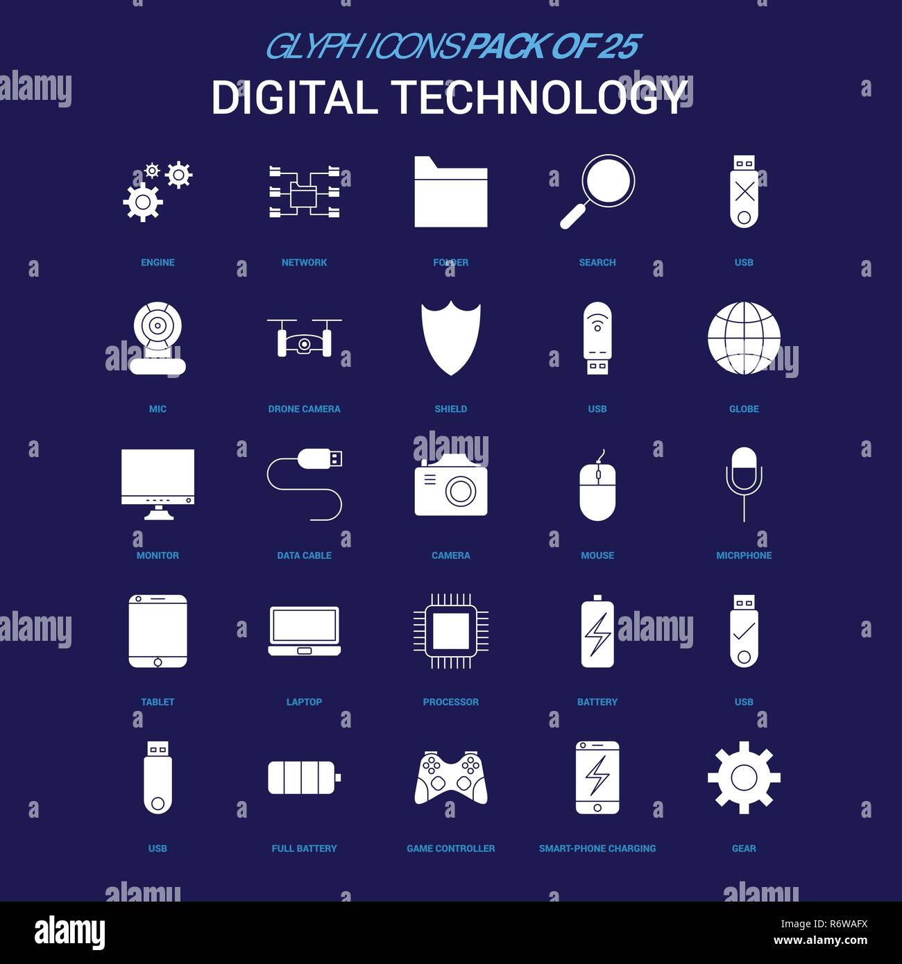 Digital Technology White icon over Blue background. 25 Icon Pack Stock ...
