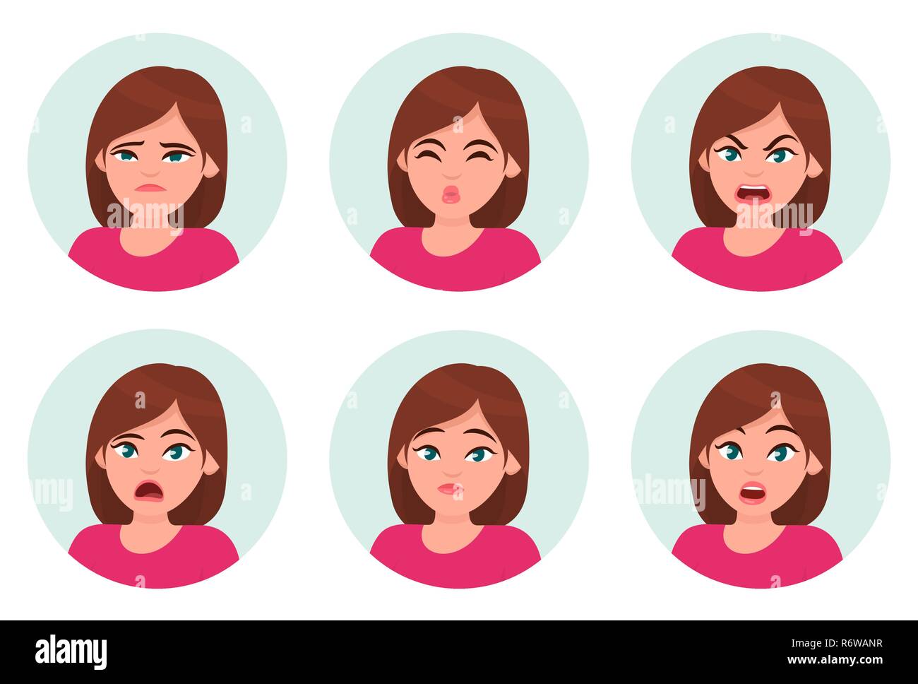 Set of girl/woman facial emotions. Different female emotions set. Woman ...