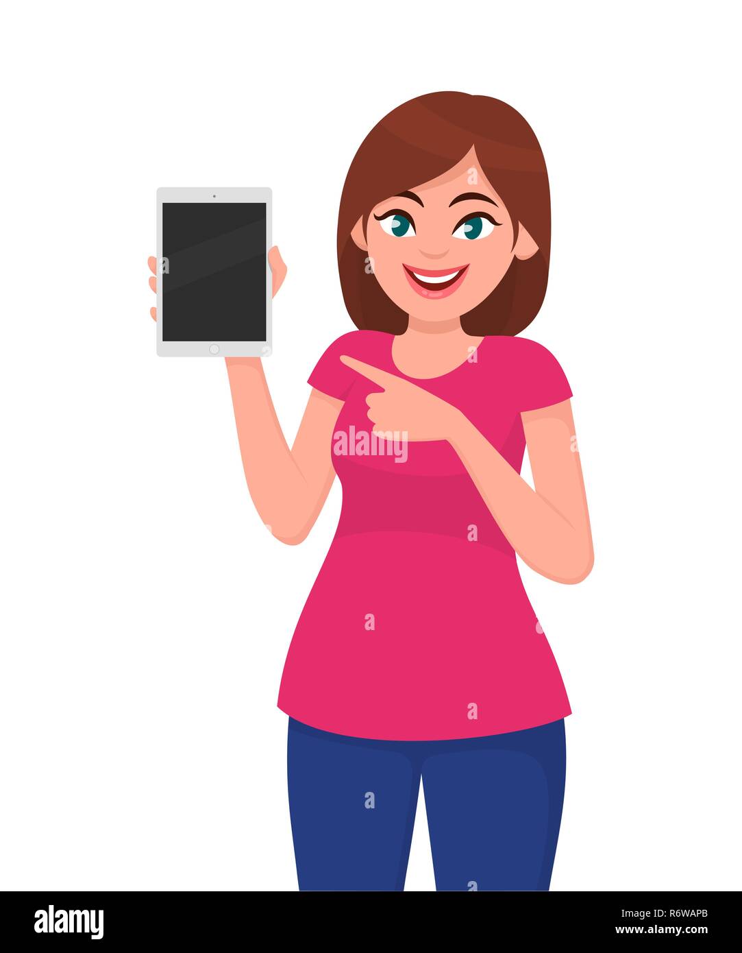 Young woman showing tablet and pointing hand towards. Cheerful woman ...