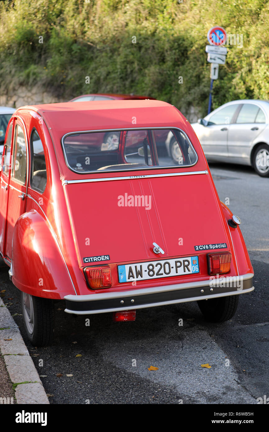 Roquebrune-Cap-Martin, France - December 4, 2018: Red Old Car Citroen 2 ...