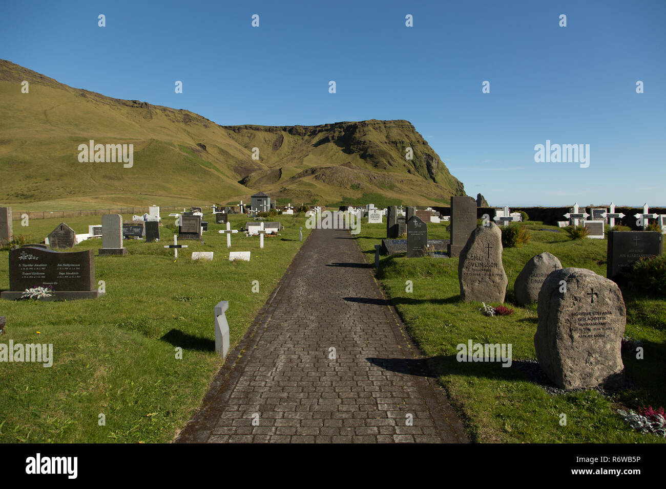 The cemetery and graveyard at the famous church in Vik village in ...