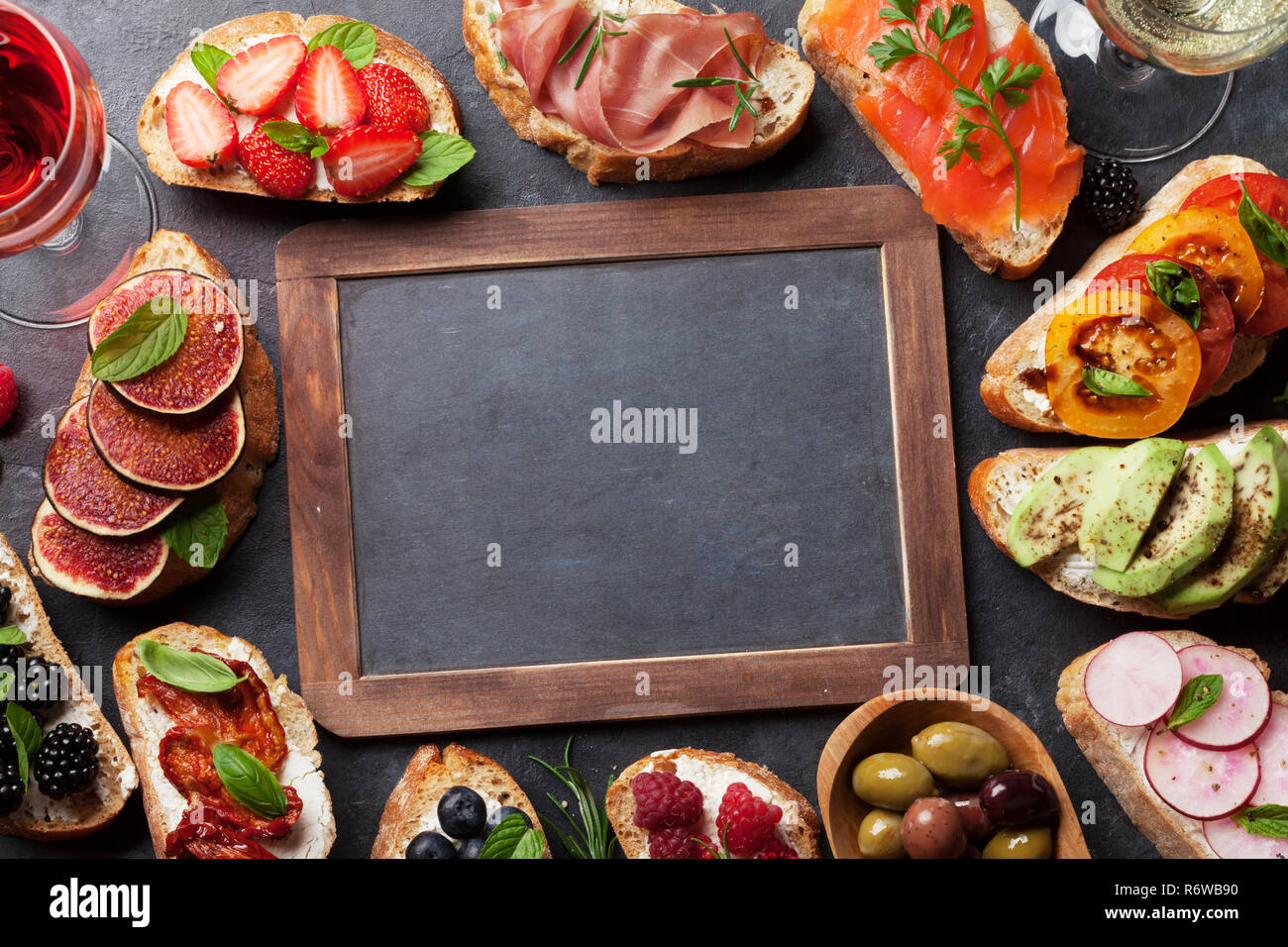 Brushetta or traditional spanish tapas. Appetizers italian antipasti ...