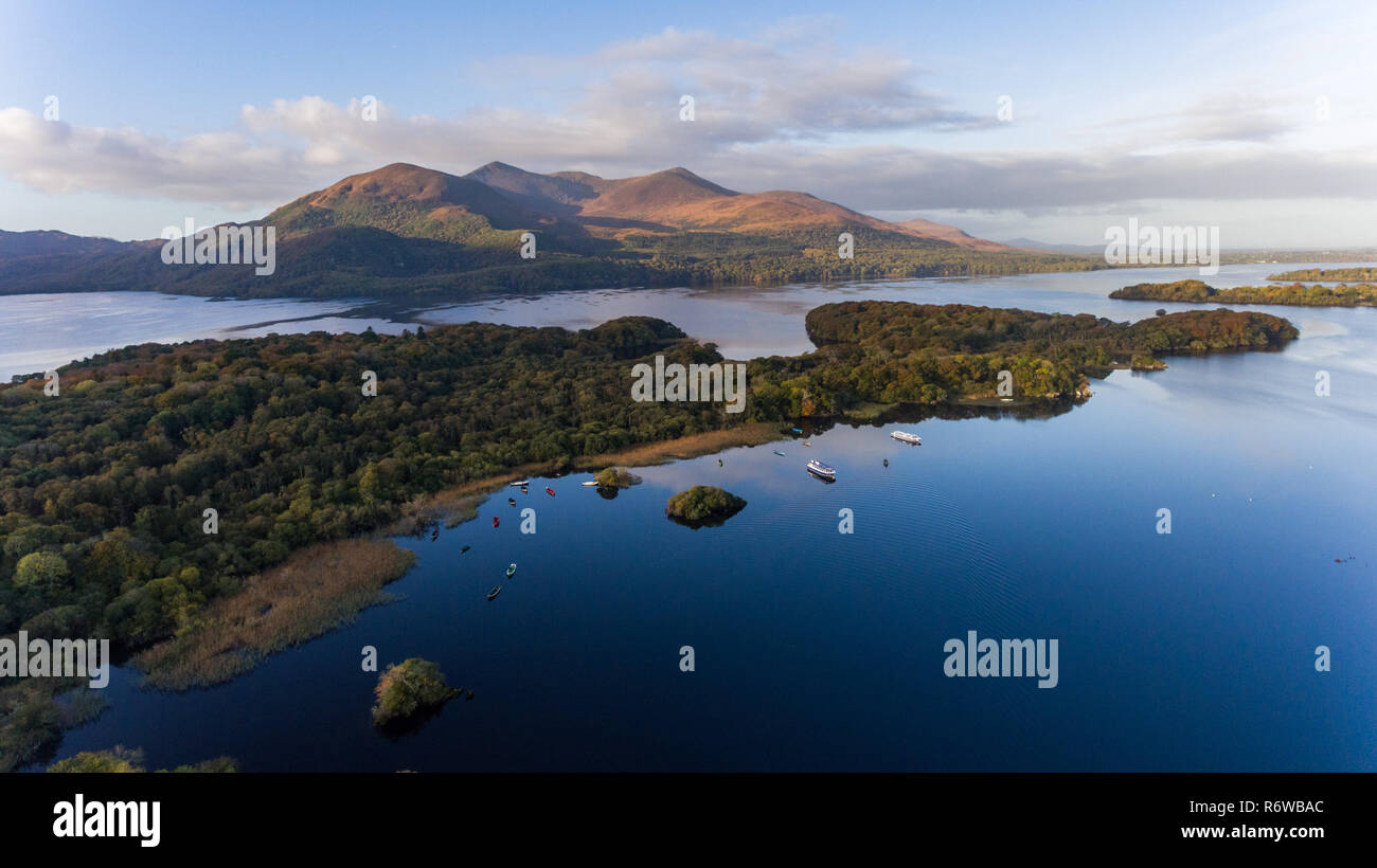 Aerial view of boats on the lakes of Killarney national park Stock ...