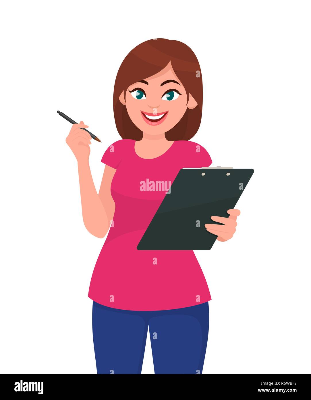 Young woman holding clipboard and showing pen. Human emotion and body ...