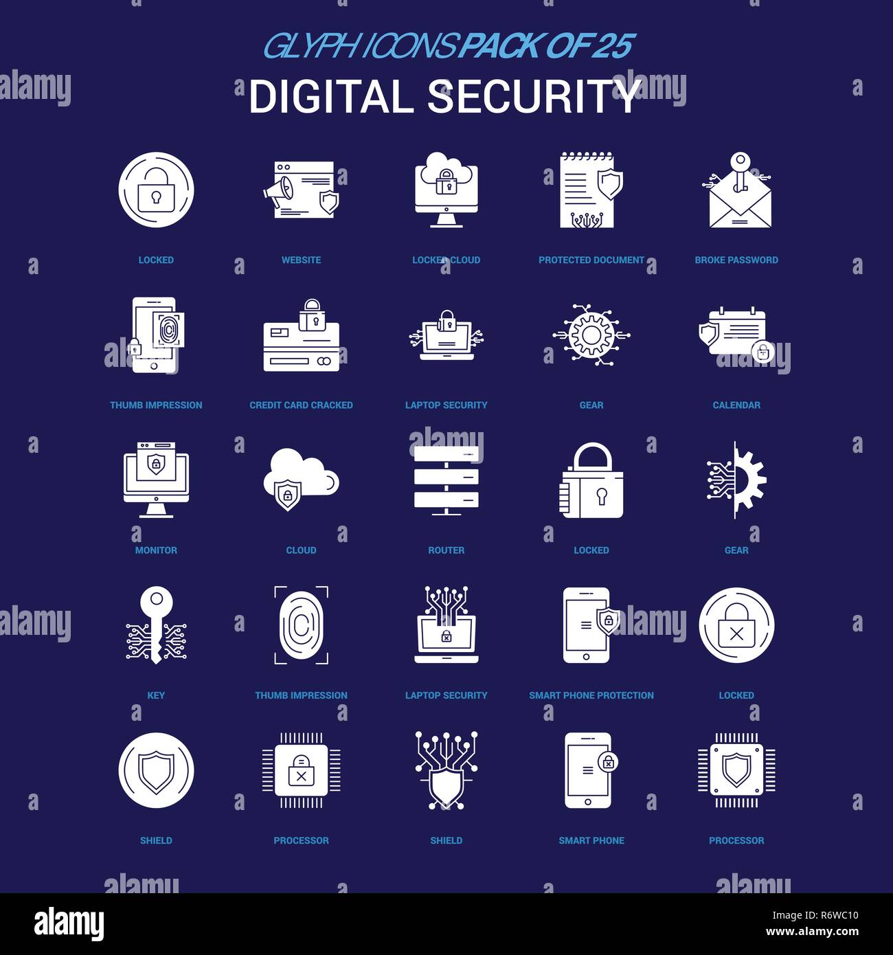 Digital Security White icon over Blue background. 25 Icon Pack Stock ...