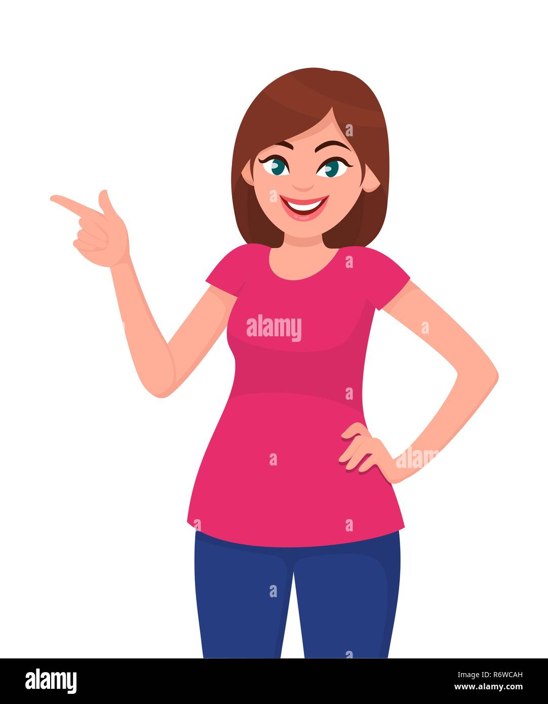 Young woman gesture hand presenting a copy space. Human emotion and ...