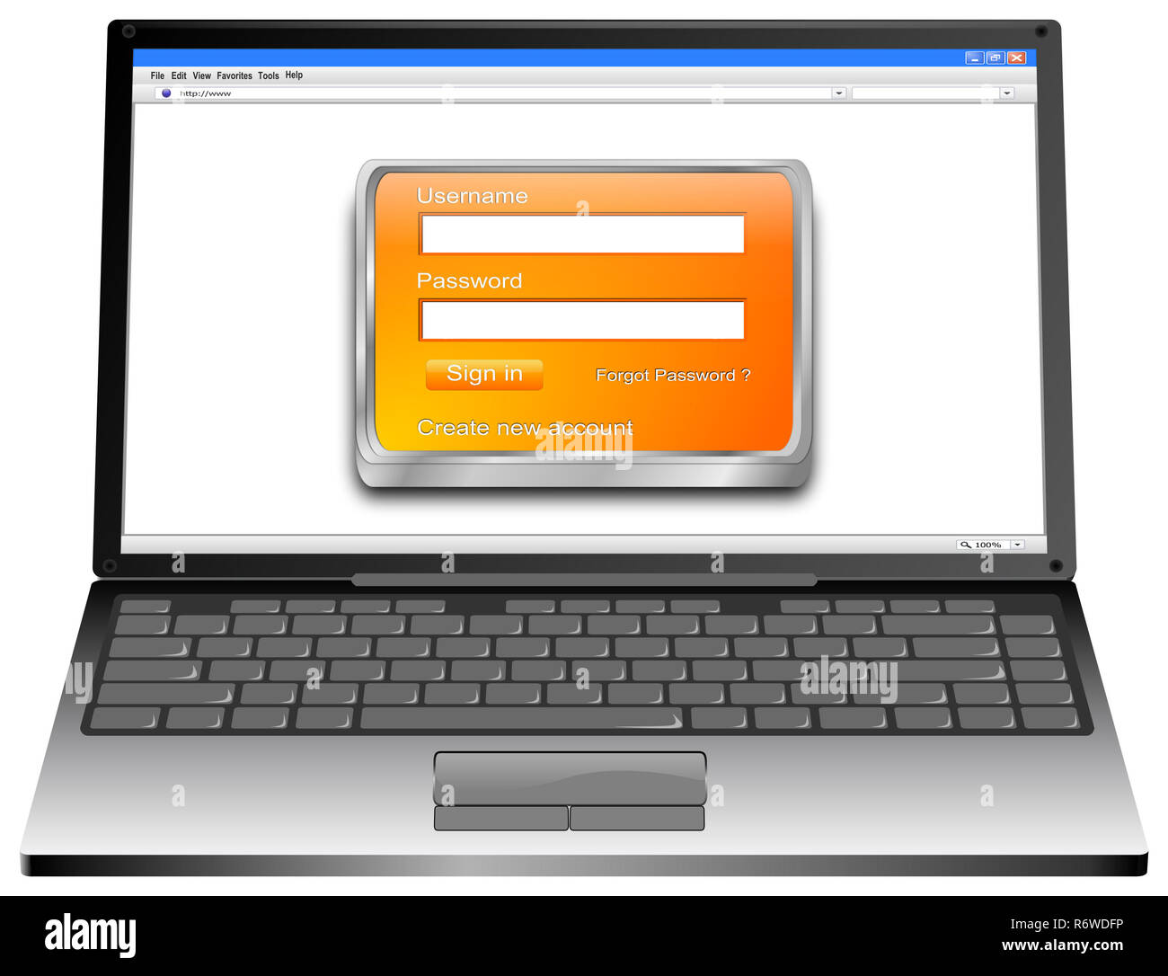 Laptop Computer with orange Login Screen on white background - 3D ...