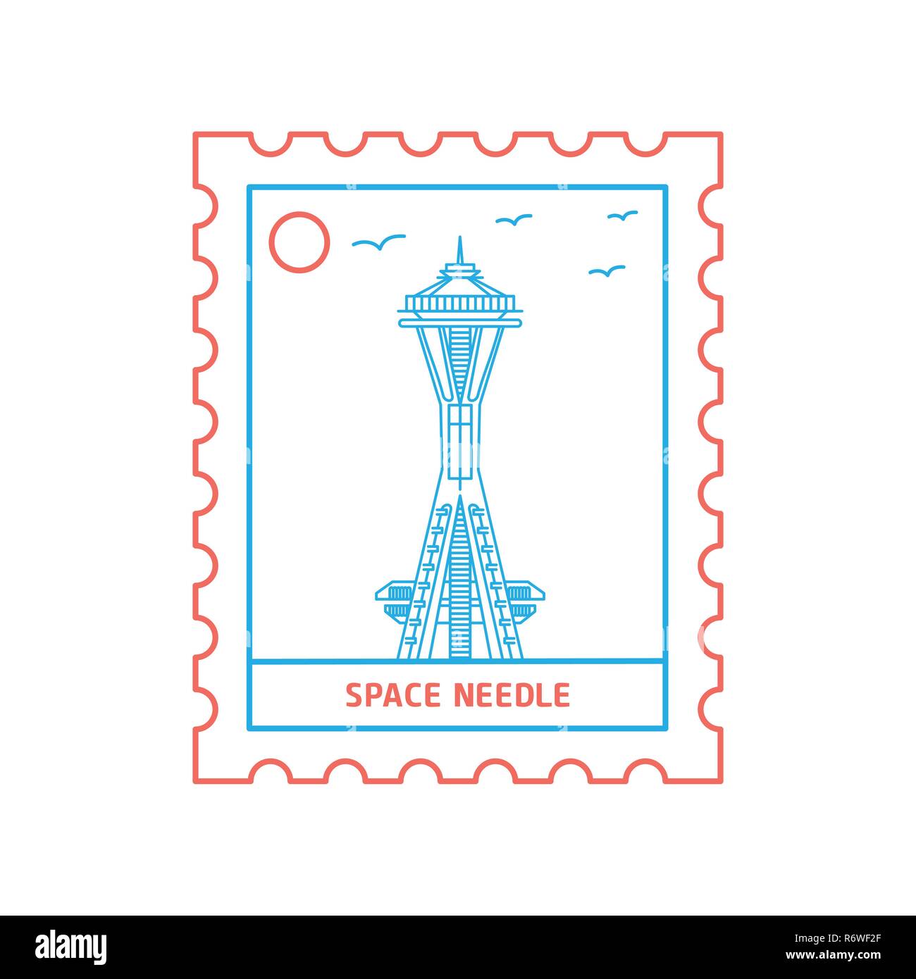 SPACE NEEDLE postage stamp Blue and red Line Style, vector illustration ...