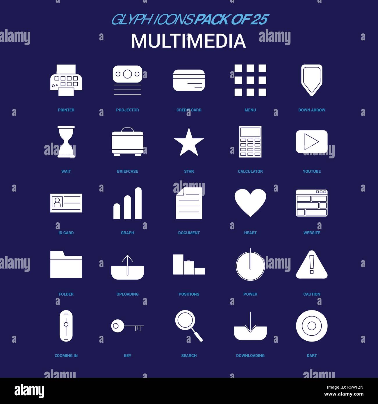 Multimedia White icon over Blue background. 25 Icon Pack Stock Vector ...