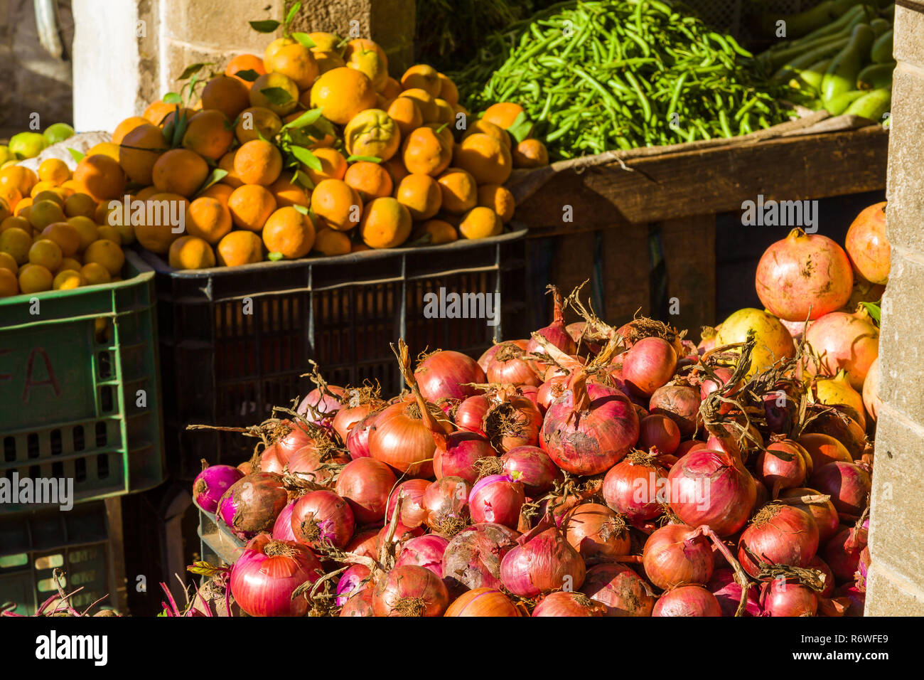 Fruits and vegetables in the alleys of the medina in Essaouira, Morocco ...