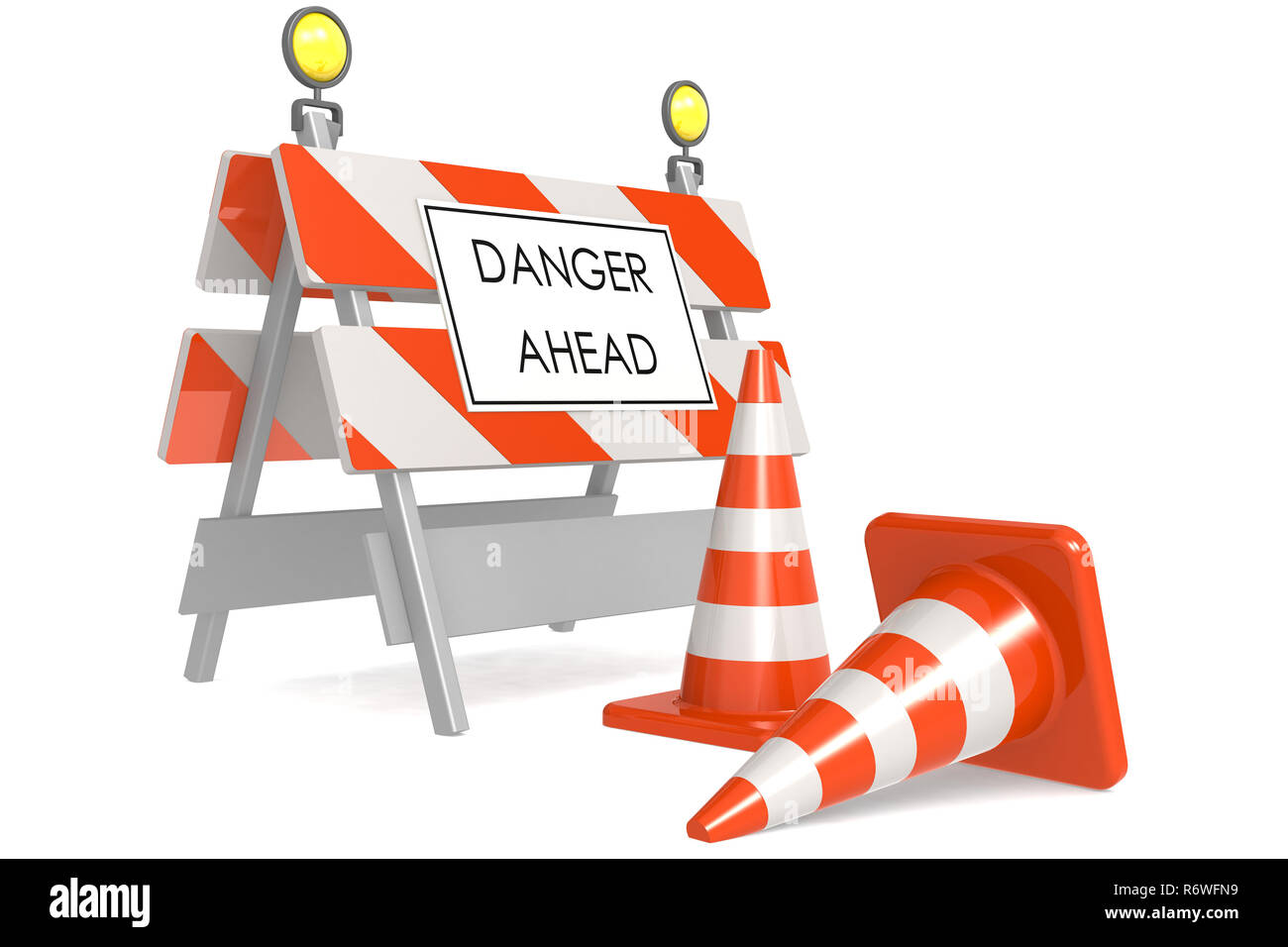 Danger ahead sign with traffic cones Stock Photo - Alamy