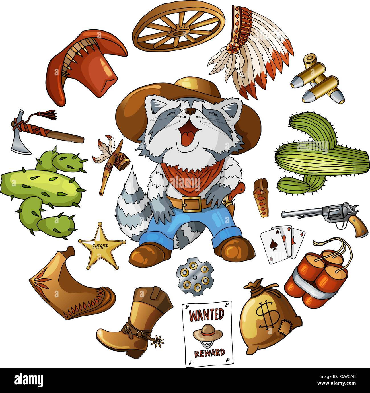 Cartoon character american raccoon set classic western items round ...