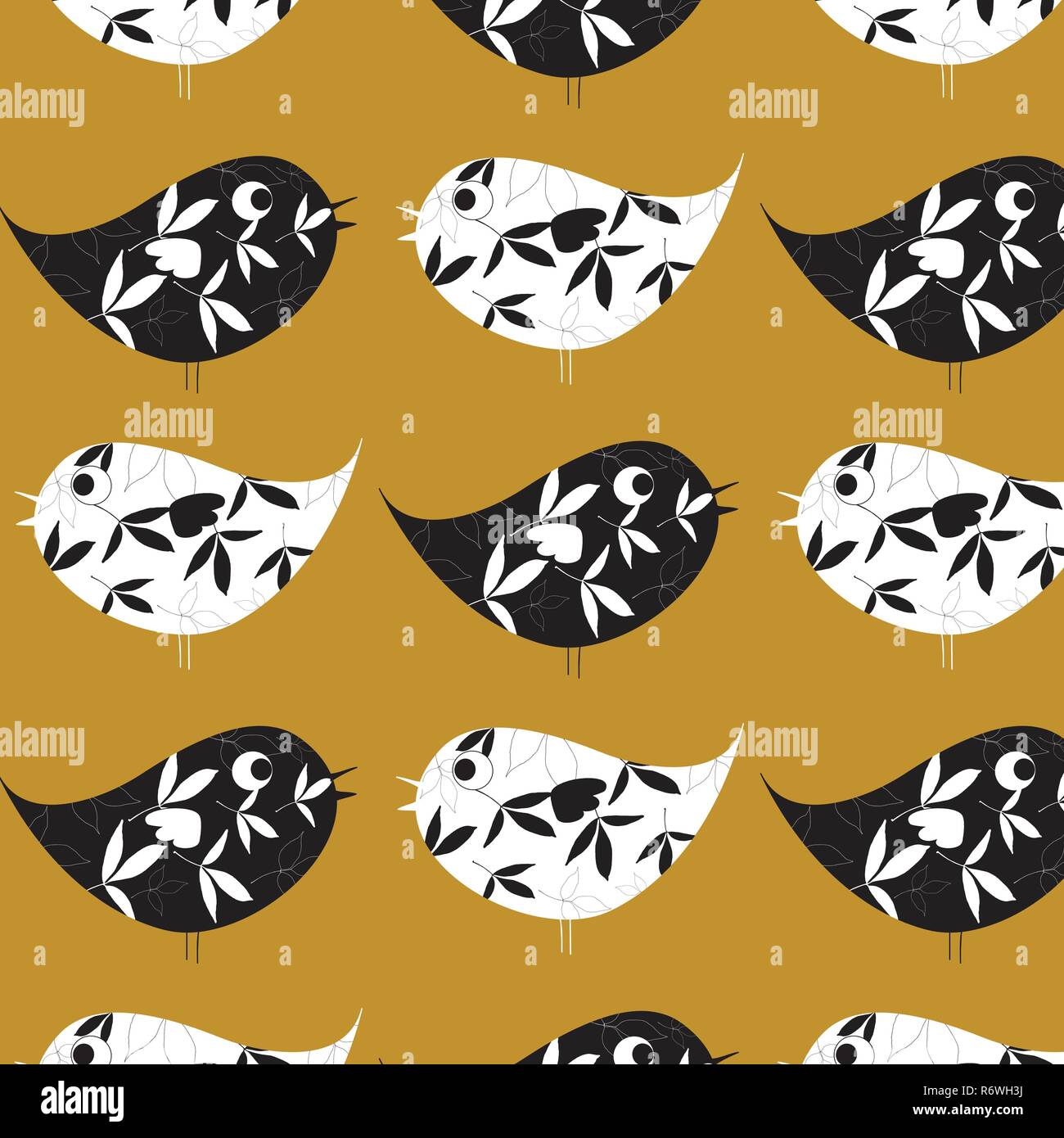 Birds vector pattern in black and white on a golden background Stock ...