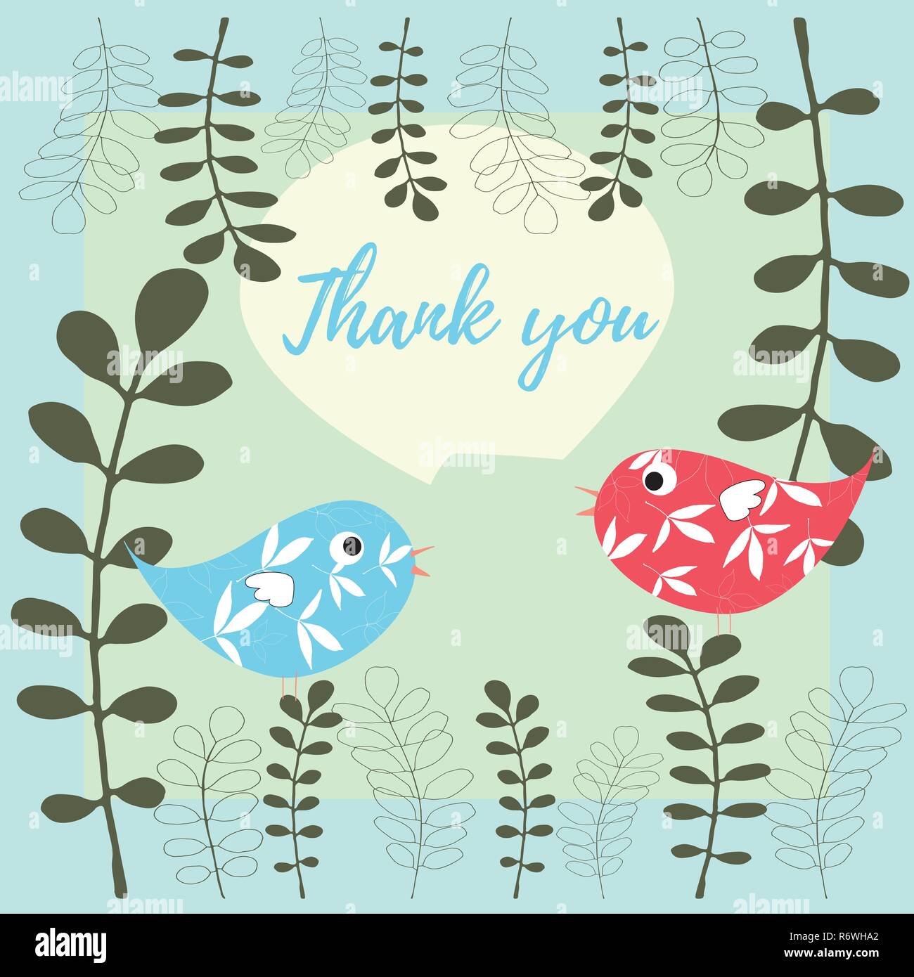 Thank you vector card illustration with birds and leaves in green ...
