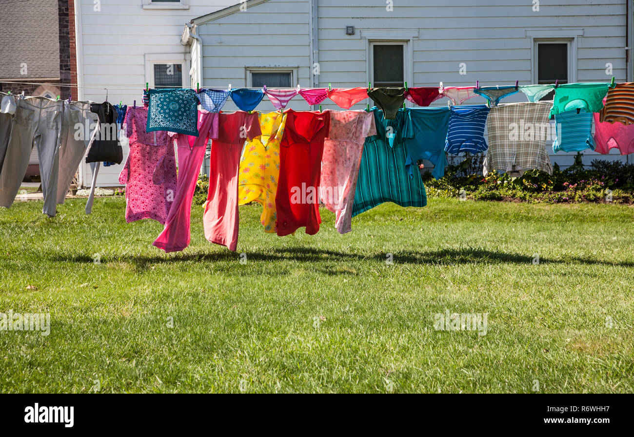 Colorful clothing drying on a clothesline, Lancaster county ...