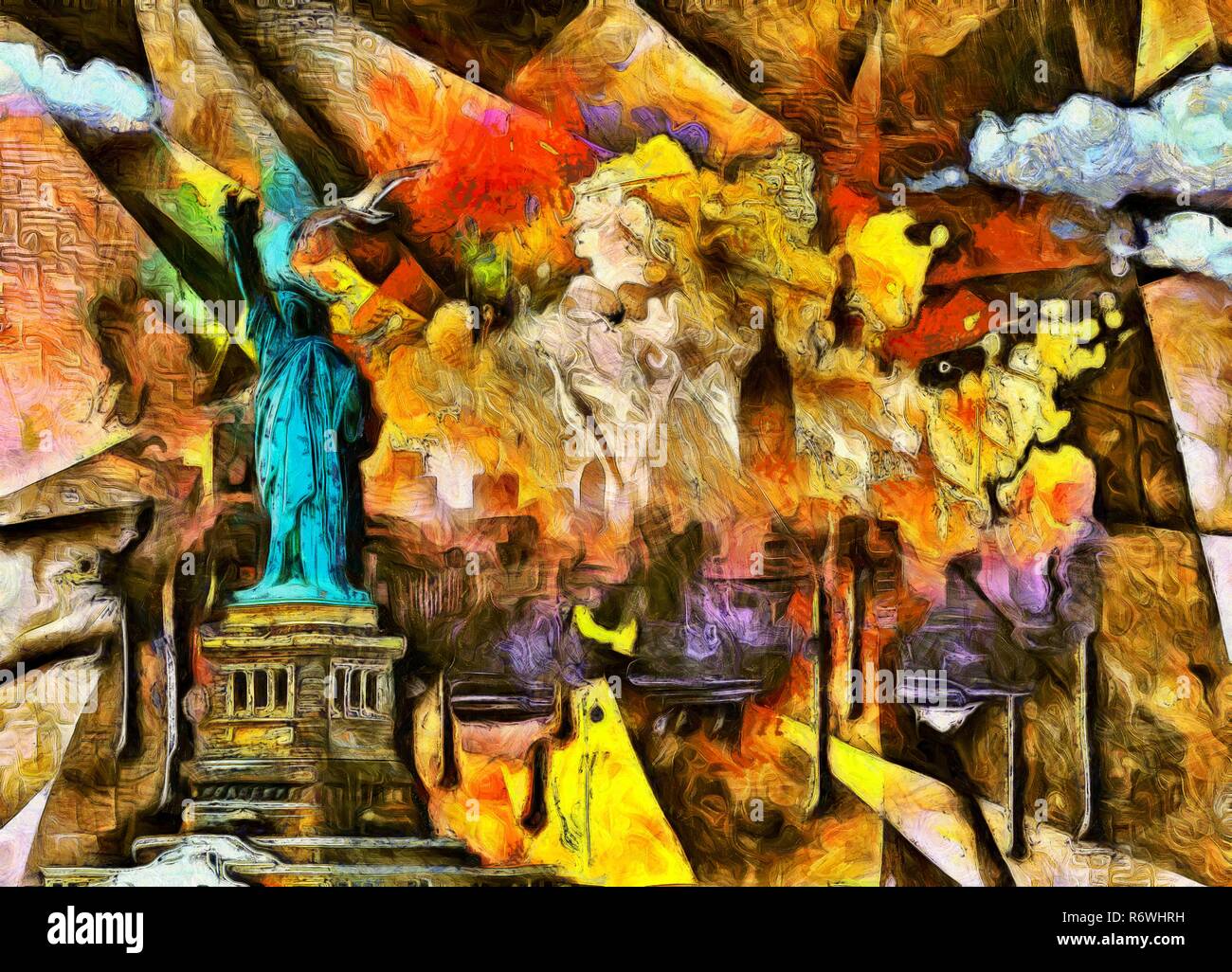 Statue of Liberty. Oil paint, shadows and shapes Stock Photo - Alamy