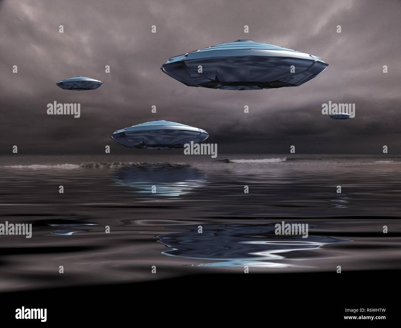 Flying saucers over the ocean. 3D rendering Stock Photo - Alamy