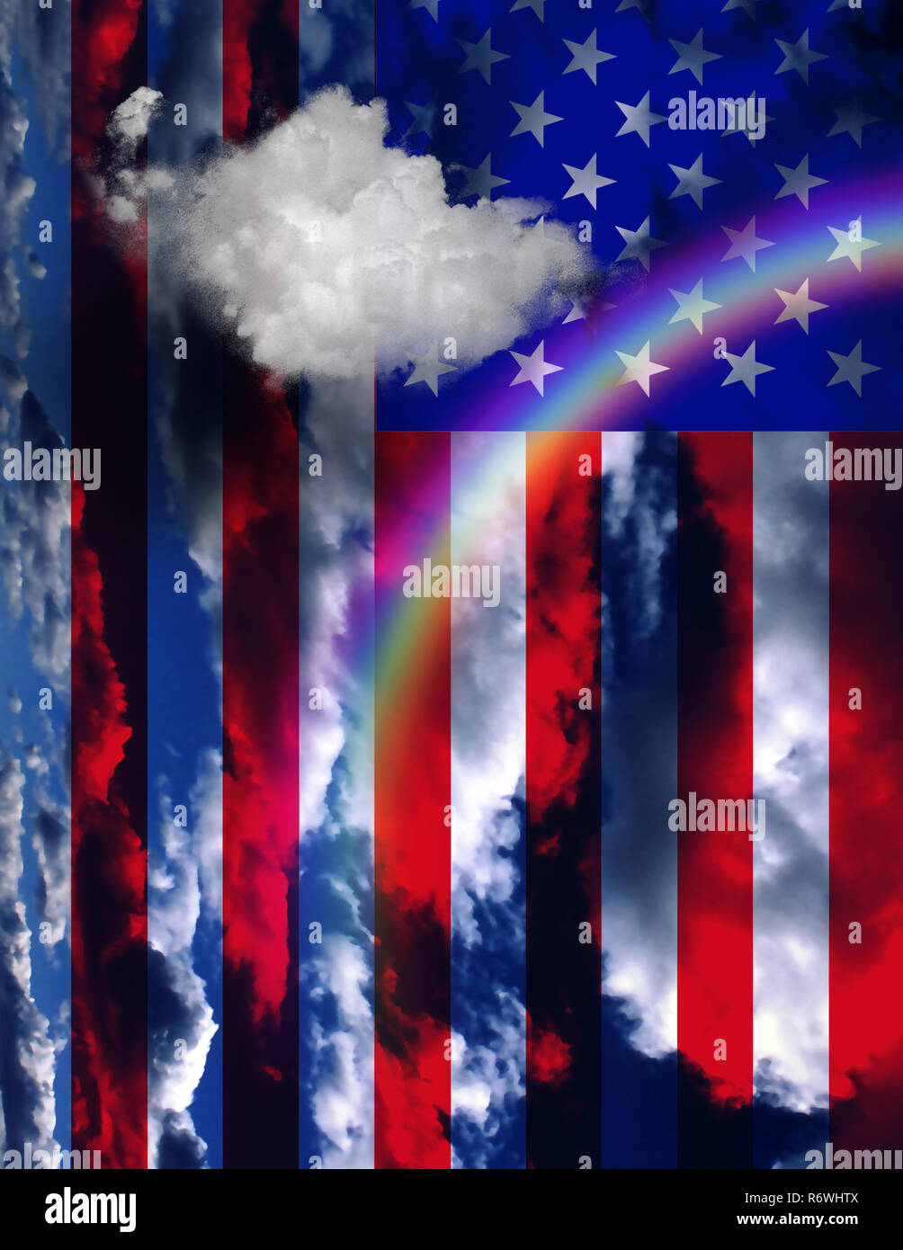 Surreal digital art. USA Flag over clouds and rainbow. 3D rendering ...
