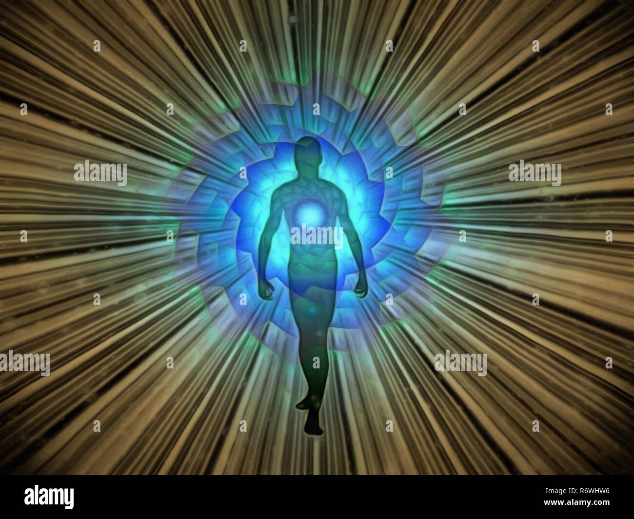 Man's silhouette with rays of light Stock Photo - Alamy