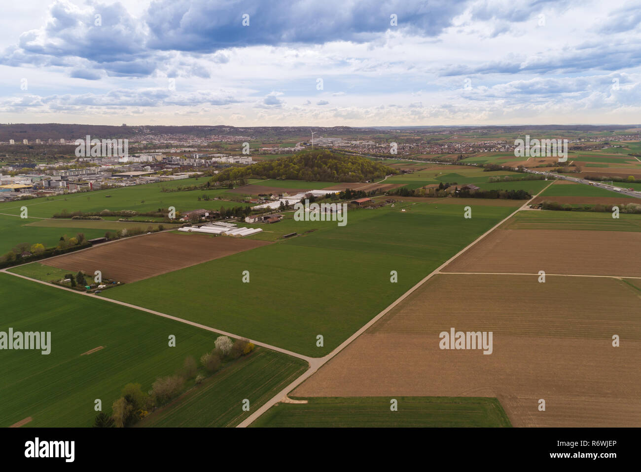aerial fields and winrad on a rubble mountain Stock Photo - Alamy