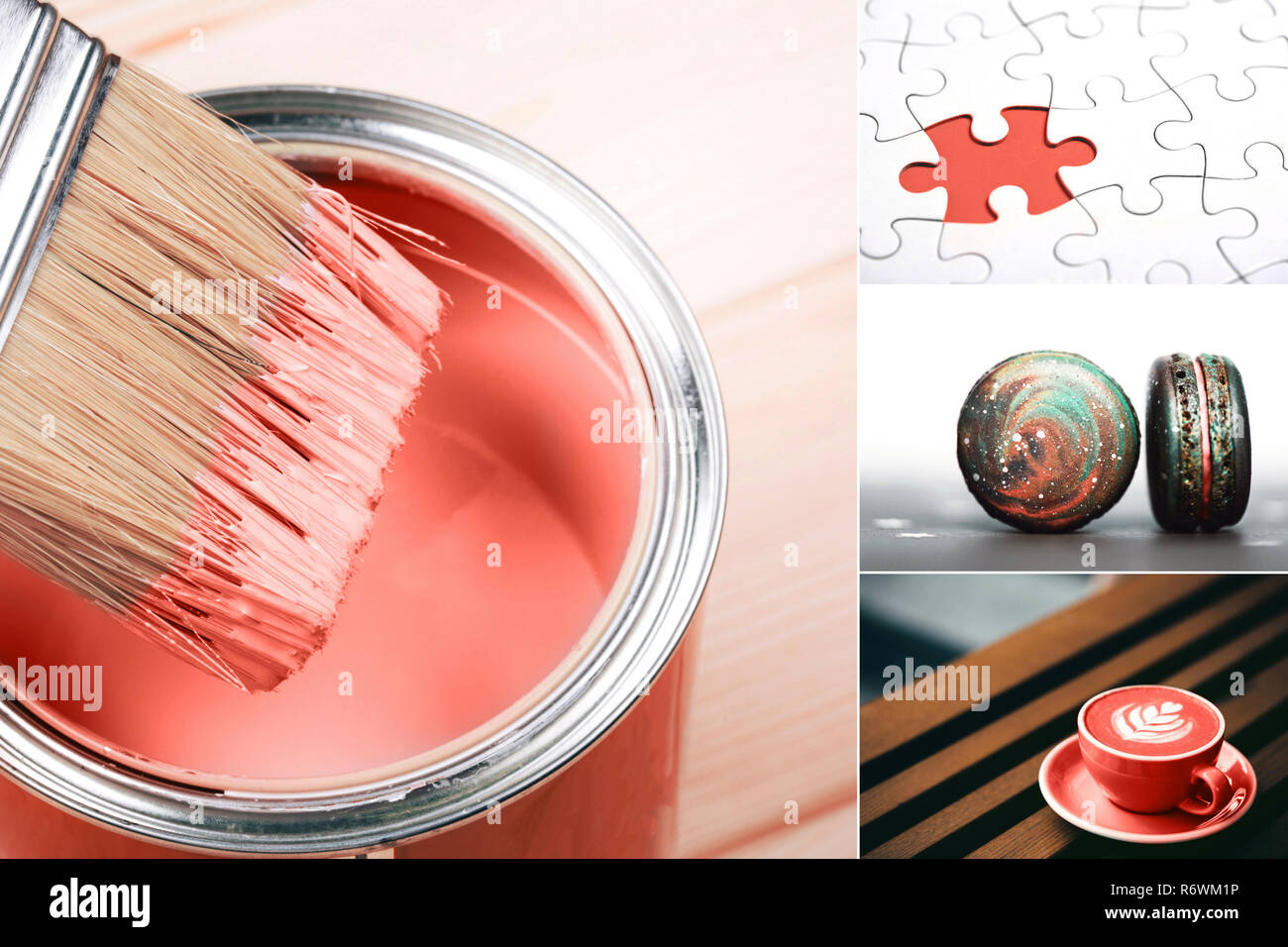 Creative collage in Living Coral color. Main trend concept. Natural and ...