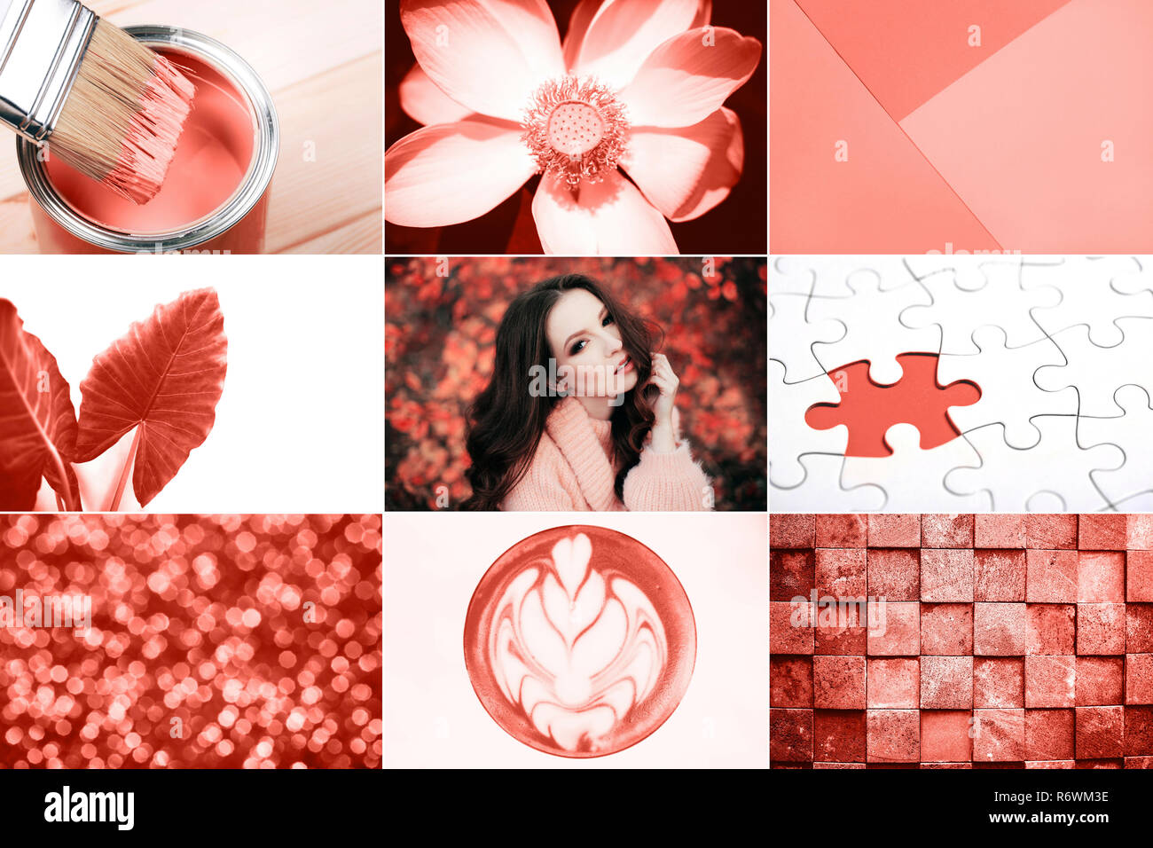 Creative collage in Living Coral color. Main trend concept. Natural and ...