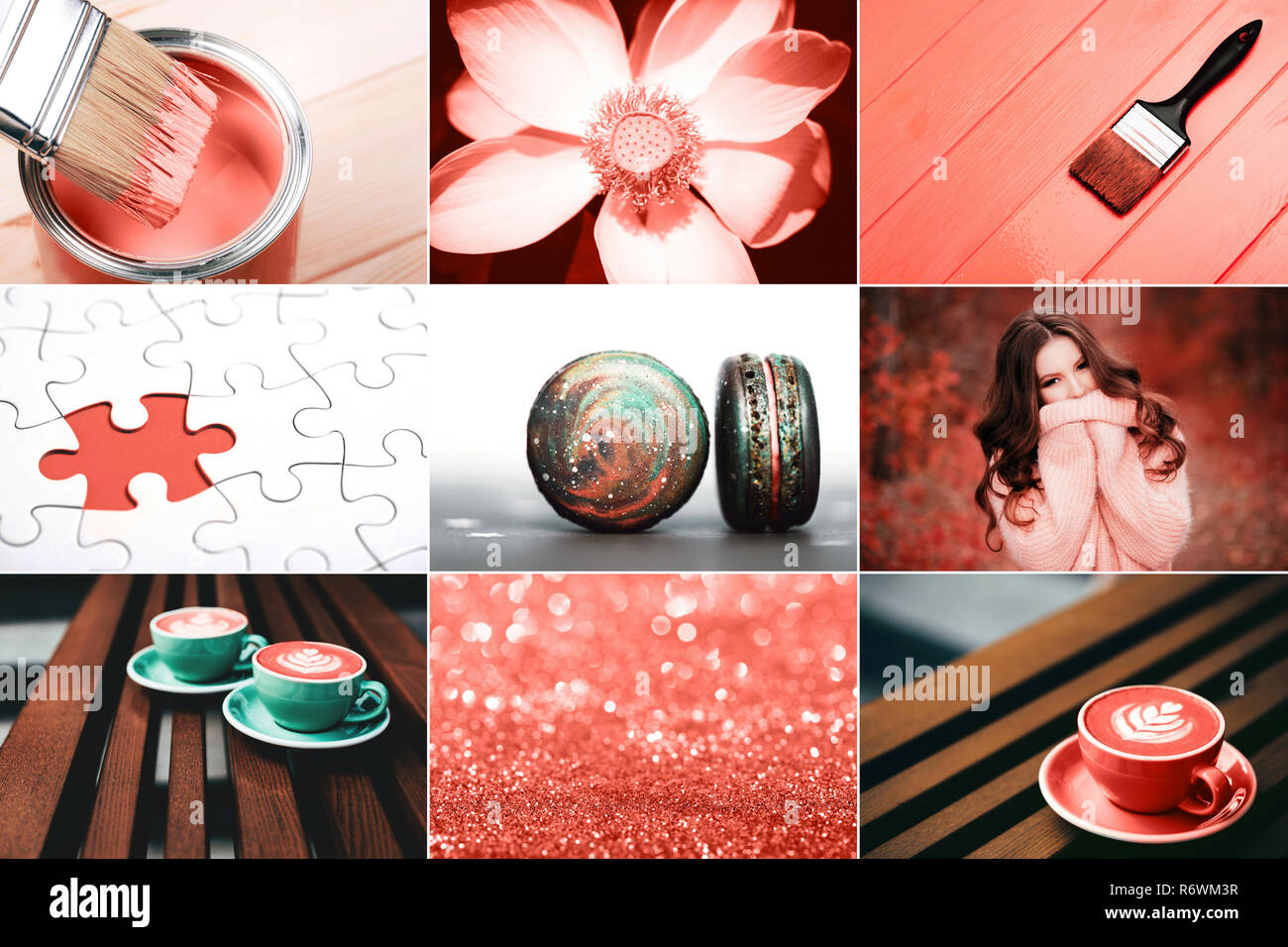 Creative collage in Living Coral color. Main trend concept. Natural and ...
