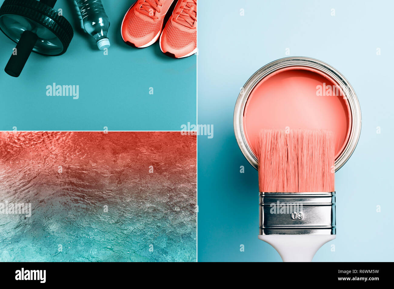 Creative collage in Living Coral color. Main trend concept. Natural and ...