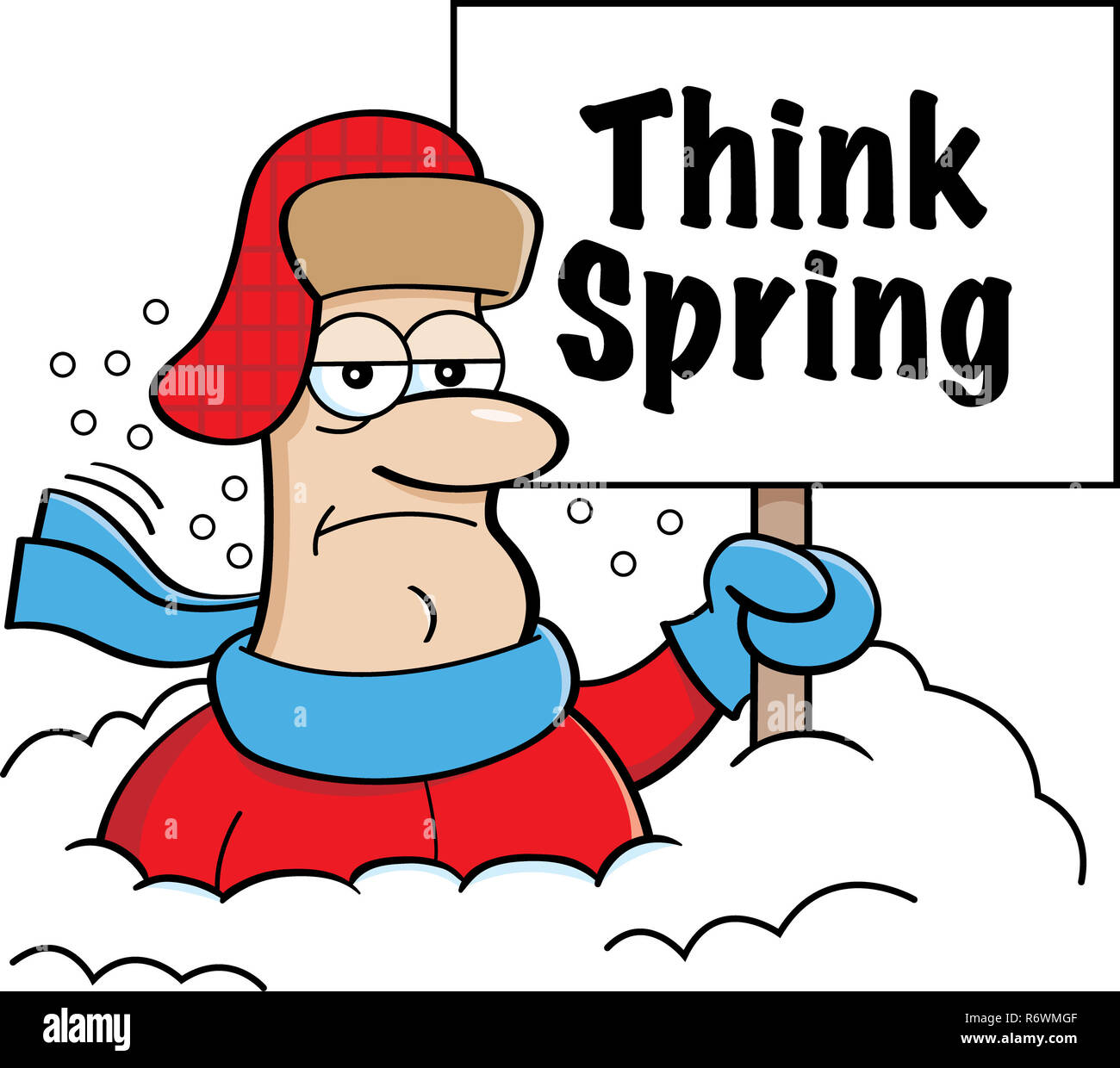 Cartoon illustration of a man buried in snow holding a think spring ...