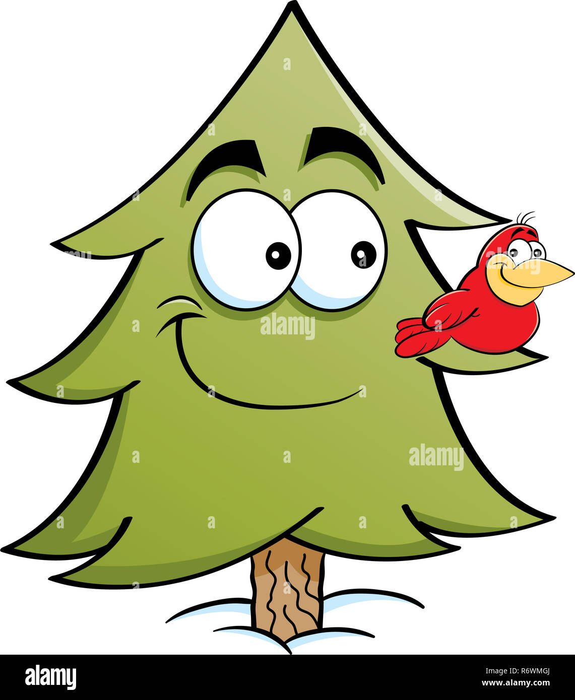 Cartoon illustration of a pine tree with a bird on its branch Stock Photo - Alamy
