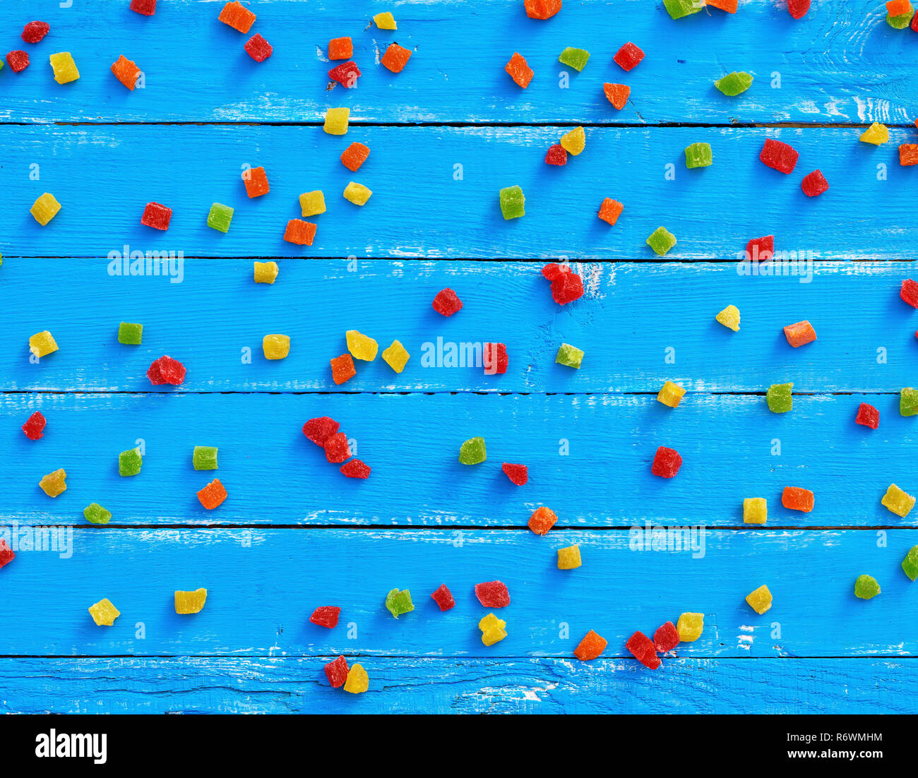 abstract blue background of the wooden planks and colorful candy Stock ...