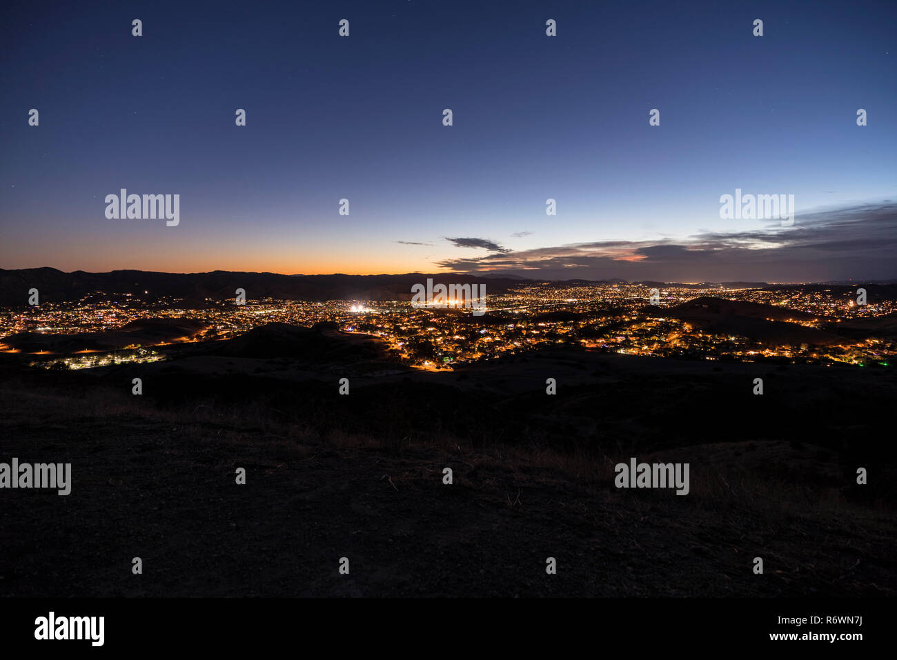 Dusk hilltop view of Simi Valley near Los Angeles in Ventura County ...