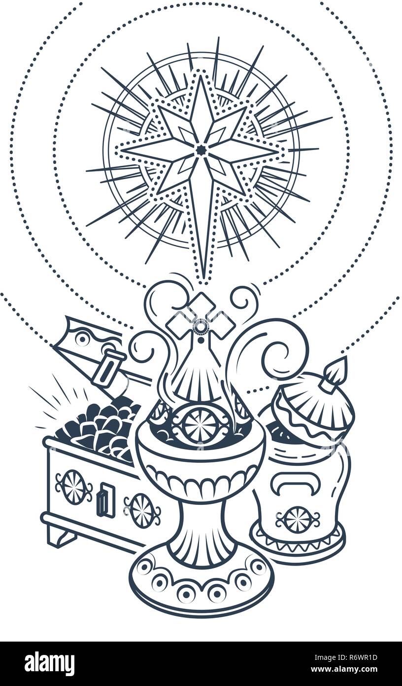 black and white illustrations with traditional Magi offerings to ...